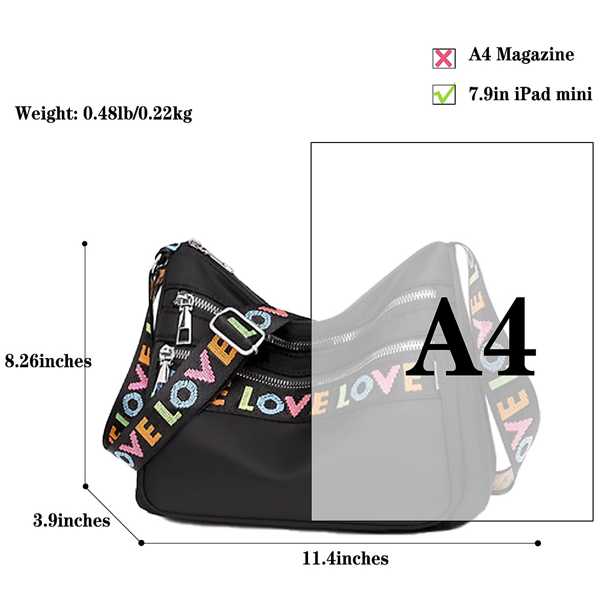 ZEHO Print Multi Pocket Nylon Crossbody Bag for Women Messenger Bags Lightweight Travel Shoulder Bag Waterproof, Love Letter Print