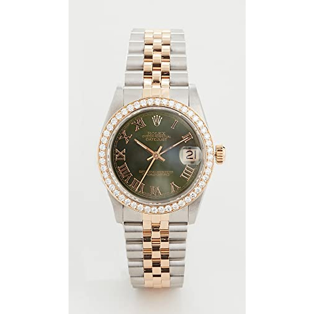 Pre-Owned Rolex Women's 31mm Mid Size TT Rolex Date Just Olive Watch, Silver/Green, One Size