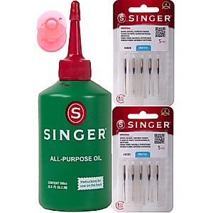Singer All Purpose Sewing Machine Oil, 3.38-Fluid Ounce, and 10 Counts of Singer Sewing Machine Needles 2020 Red Band Size 14/90 Bundle with Inceler Brand Plastic Bobbin