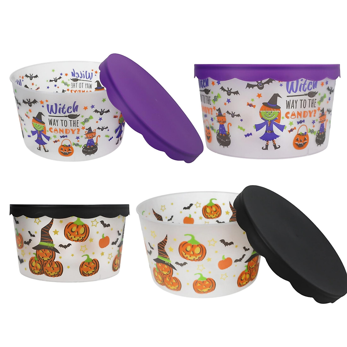 RE8TIESS Halloween-Themed Containers with Lids, 8x4.625 Inches Storage Containers for Trick or Treat Candies Cookies Food Crafts Nic-Knacks Baked Goodies Condiments Pack of 4 with Bonus Ruthjla