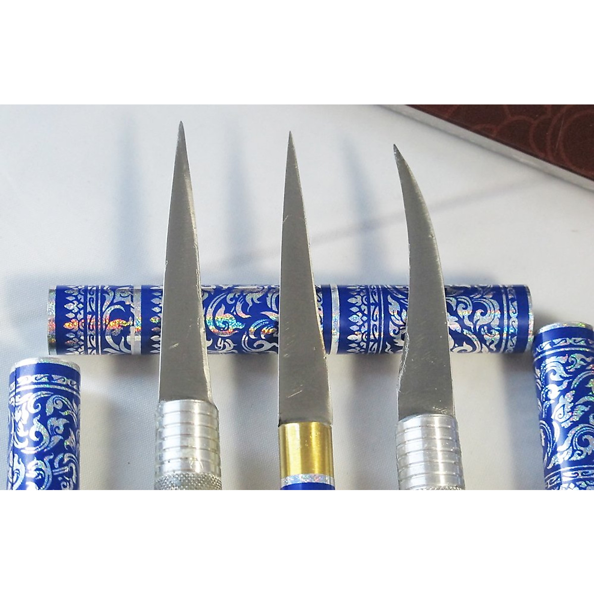 Set 3 Thai Fruit and SOAP Carving Knife Knives Brass Handmade Blue Color