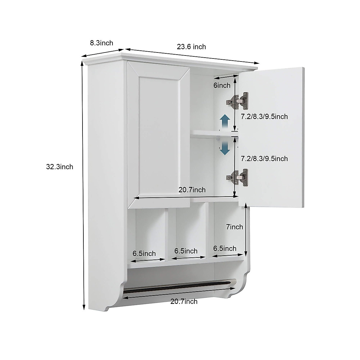 VANIRROR White Bathroom Wall Cabinet with Towel Bar,Wooden Medicine Cabinet Adjustable Shelves,23x32 Inch Kitchen Cabinet,Over Toilet Storage Cabinet for Bathroom,Kitchen,Laundry