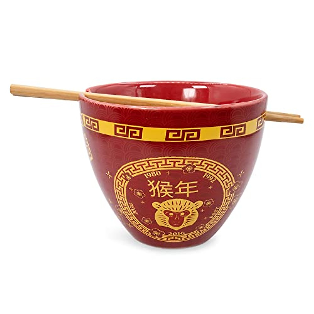 Boom Trendz Year Of The Monkey Chinese Zodiac Ceramic Dinnerware Set | Includes 16-Ounce Ramen Noodle Bowl and Wooden Chopsticks Asian Food Dish For Home & Kitchen Kawaii Lunar New Gifts red One Size