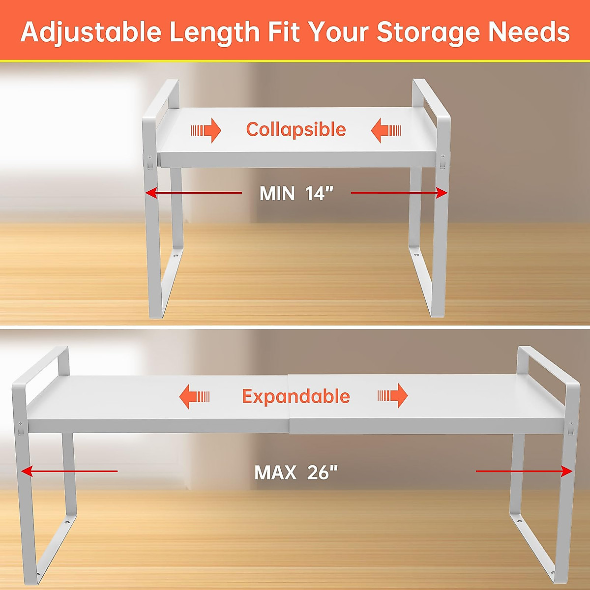 KOMOHOM Expandable Cabinet Organizer 16"~26", Kitchen Shelf Organizer Spice Rack 11” wide, Cupboard Organizers And Storage Shelves, Kitchen Counter Organizers, Countertop Cabinets Small Pantry Shelf