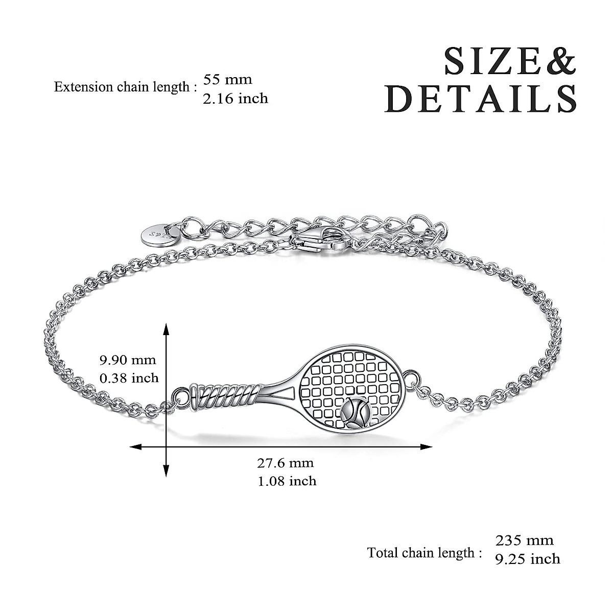 YFN Tennis Racket Bracelets Sterling Silver Sport Jewelry Tennis Theme Gifts for Women Men Tennis Lover