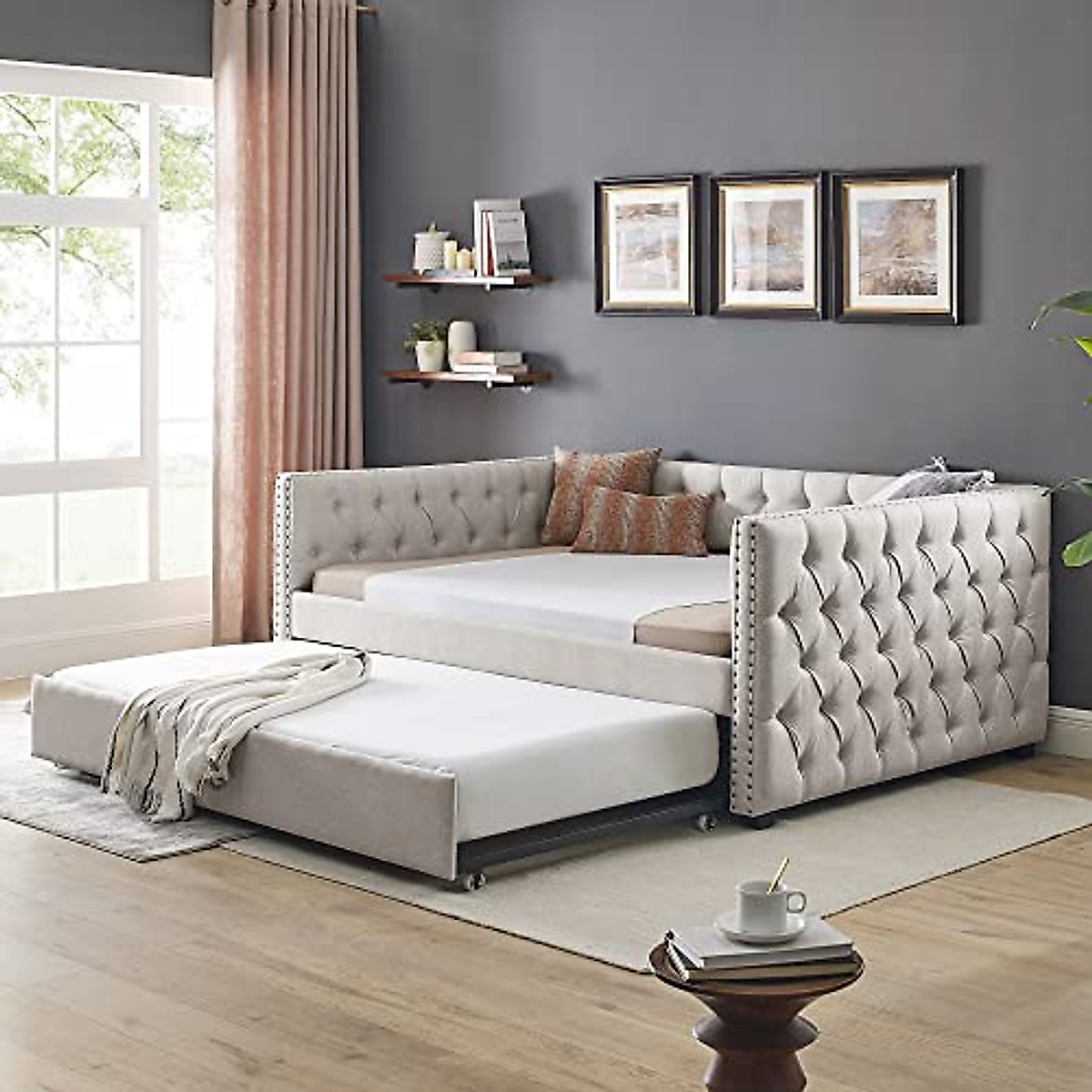 ODC Full Daybed with Twin Trundle Bed Upholstered Tufted Sofa Bed with Button and Copper Nail on Square Arms，Full Daybed & Twin Trundle