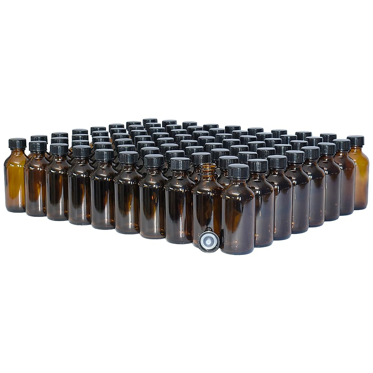 GlassBottleOutlet (80 Pack) 2 oz. Amber Boston Round with Black Poly Cone Cap