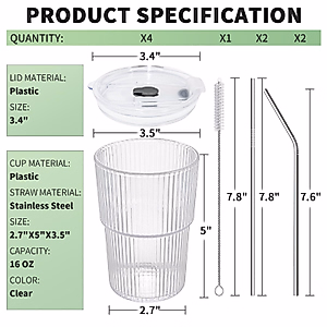 RÉΑLWÁY 16 OZ Iced Coffee Cups with Lids and Straws Set of 4, Unbreakable Plastic Drinking Glasses Reusable Iced Coffee Glass to Go Cup for Iced Tea,Juice, Water,BPA Free, Dishwasher Safe