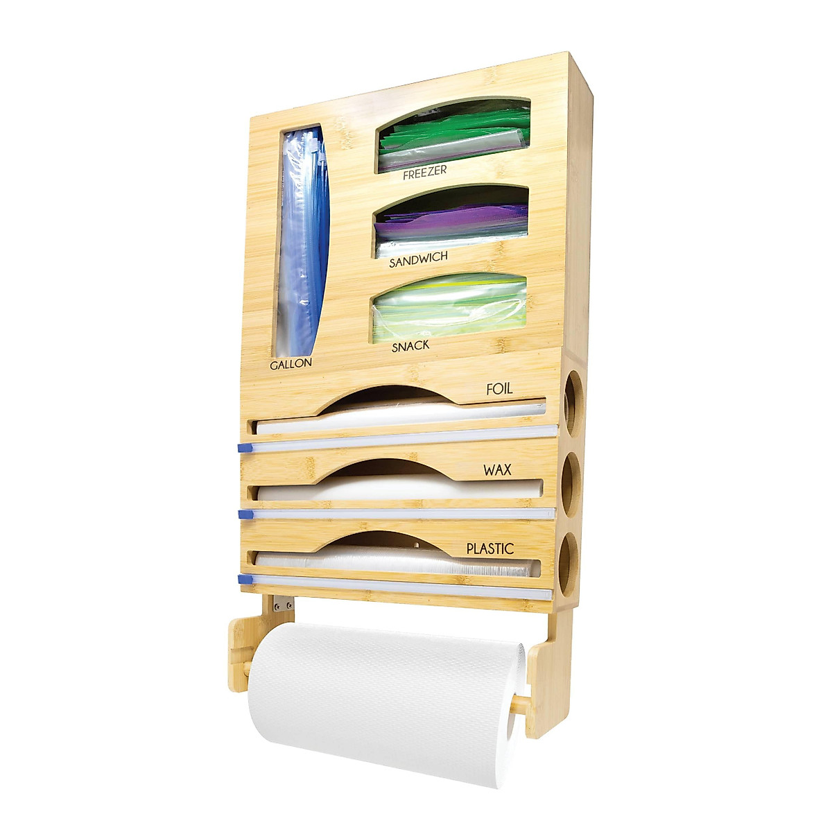 Foil and Plastic Wrap Organizer - Zip Lock Bag Organizer Plastic Wrap Dispenser with Cutter – Premium Bamboo Plastic Bag Organizer with Paper Towel Holder – Easy Installation