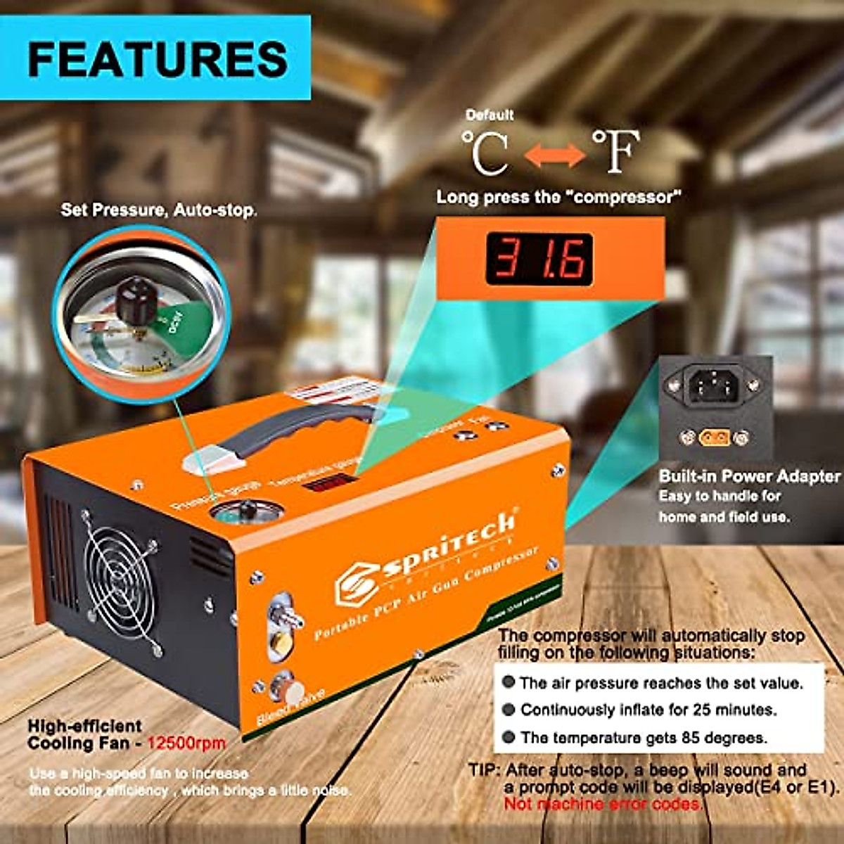 Spritech PCP Air Compressor,Auto-shutoff 4500Psi/30Mpa Oil/Water-Free Set-pressure Air Gun and Paintball Tank Pump with Water/Oil Separator,Built-in Power Adapter(110V AC or 12V Car Battery)