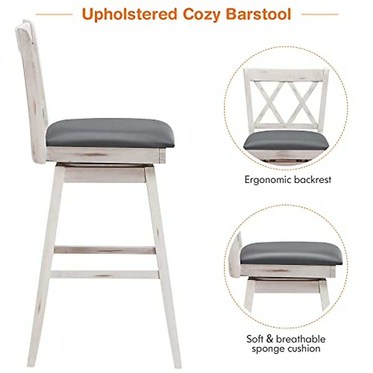 COSTWAY Bar Stool Set of 4, 360 ° Swivel Bar Height 29.5 inch Bar Stool with Foot Rest Upholstered Cushion & Ergonomic Backrest, Sturdy Frame, for Pub, Restaurant, Home (4, Antique White + Grey)
