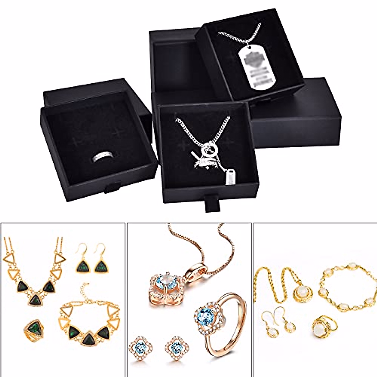 12 Pack Set Cardboard Drawer Display Jewelry Boxes, driew 3.5x3.5 1.4inch Black Gift Boxes Thick Paper Box Bulk Jewelry Gift Packaging Gift Case Sponge Insert and Lids Small Kraft Paper Box for Rings Pendants Earrings Necklaces