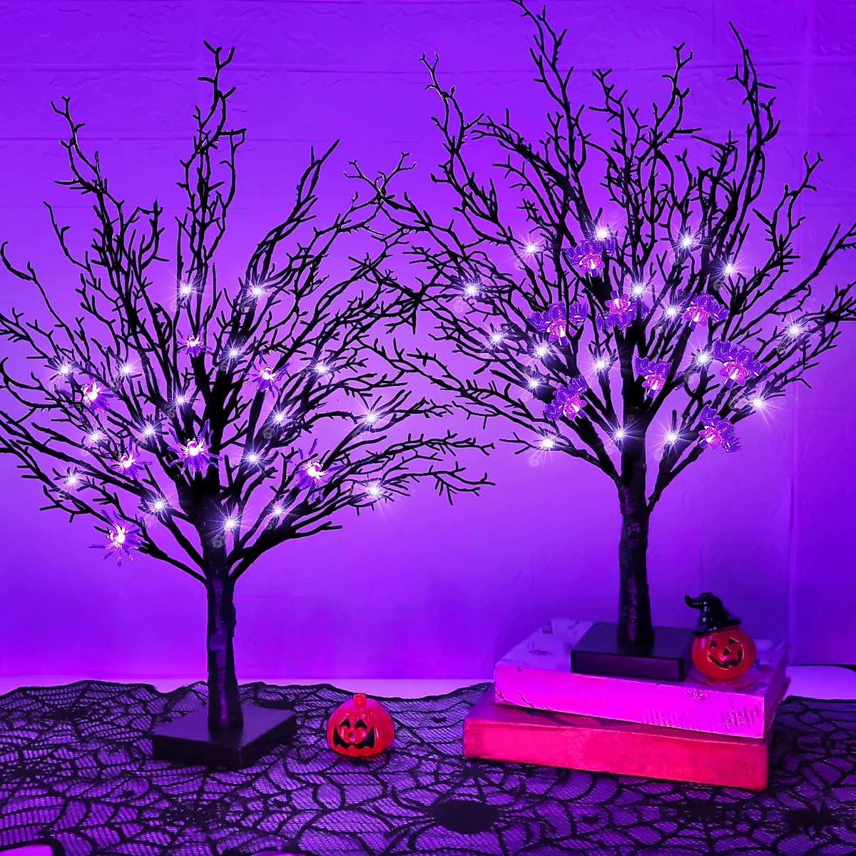 [ 2 Pack & Timer ] 24 Inch Prelit Halloween Black Tree Halloween Decorations Artificial Spooky Tree Battery Powered Total 48 LED Purple Lights DIY 25 Spider & 25 Bat Tabletop Indoor Home Party Decor