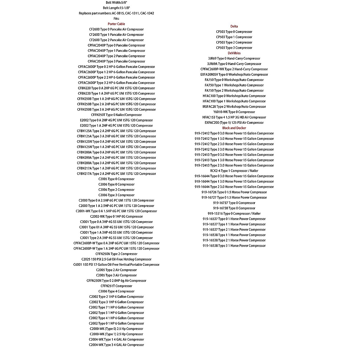 Redparts 3 Pack AC-0815 Air Compressor Belt for Dewalt Devilbiss Porter Cable Makita Sears Craftsman CAC-1311 CAC-1342