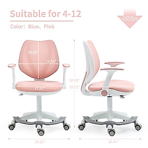 HOMEFUN Kids Desk Chair, Computer Chairs with Armrest and Footrest for Boys Girls Cute Mesh Ergonomic with Adjustable Height Swivel Safe Sit-Locking Casters Pink