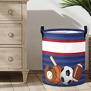 Personalized Laundry Basket Hamper,Sport Ball Striped,Collapsible Storage Baskets with Handles for Kids Room,Clothes, Nursery Decor