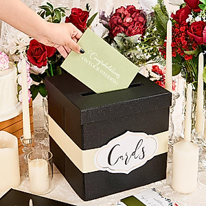 PAPER FAIR Black Glitter Gift Card Box for Reception, Large 10'' with Ribbon, Personalized Card labels, Wedding, Christmas, Birthday, Graduation, Bridal Baby Shower Money Box Party Supply Decor