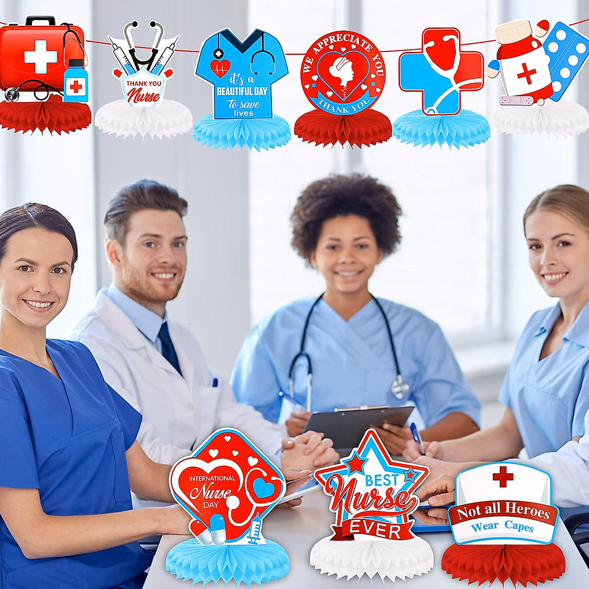HOWAF 9pcs Nurse Day Party Decorations Honeycomb Centerpieces, Thank You Nurses Table Centerpieces, Nurse Appreciation Week Table Topper for Happy International Day Party Decorations Supplies