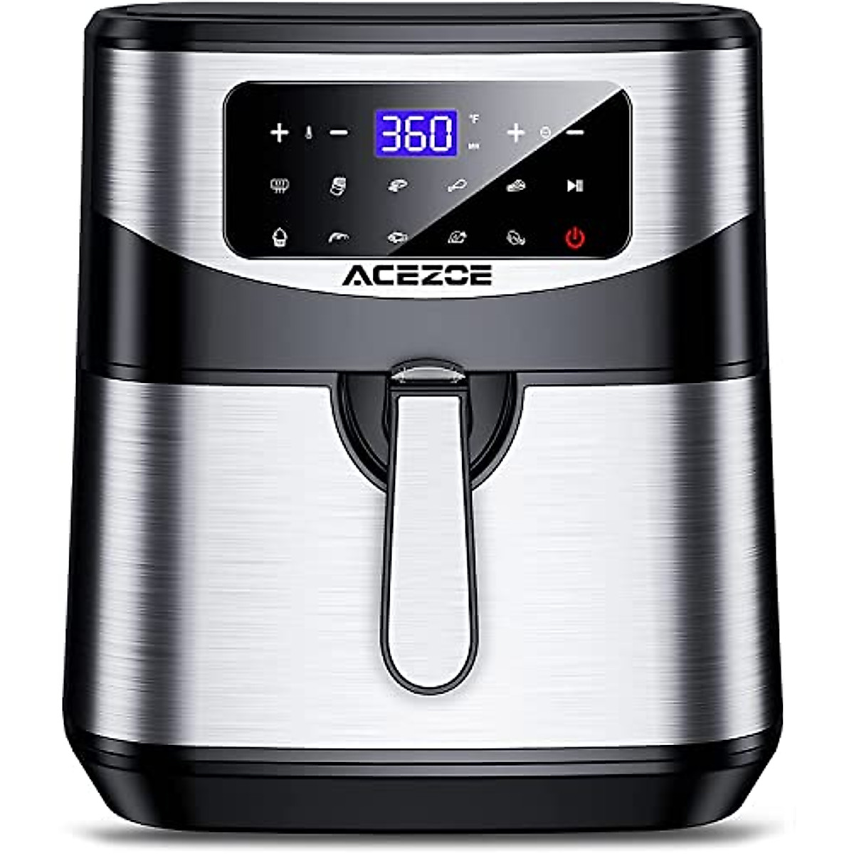 Acezoe Stainless Steel 7.4 QT Digital Air Fryer 1700-Watt with 9 Preset Cooking Functions, LED Touchscreen, Non-Stick Coating, 43 Recipes, Easy to Clean, Auto Shut-Off