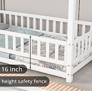 LLS Twin Floor Bed Frame with Fence, Wooden Montessori Bed, House Bed for Boys Girls Bedroom, White