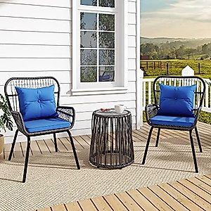 YITAHOME 3-Piece Outdoor Patio Furniture Wicker Bistro Set, All-Weather Rattan Conversation Chairs for Backyard, Balcony and Deck with Soft Cushions, Glass Side Table (Gray+Navy Blue)