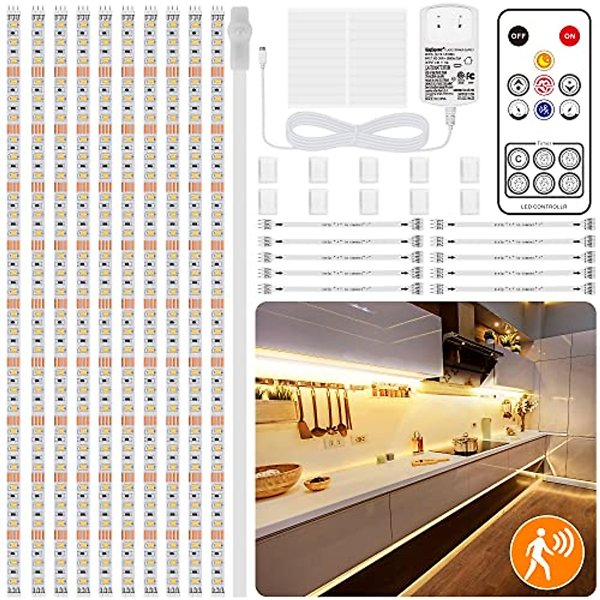 LAFULIT 10 PCS Under Cabinet Lights Kit, Motion Sensor LED Strip Lights with Remote, Dimmable and Timer Warm White Counter Lights for Kitchen Cabinets, Cupboards, Closets, Stairs, Shelf, Desk, and Bed
