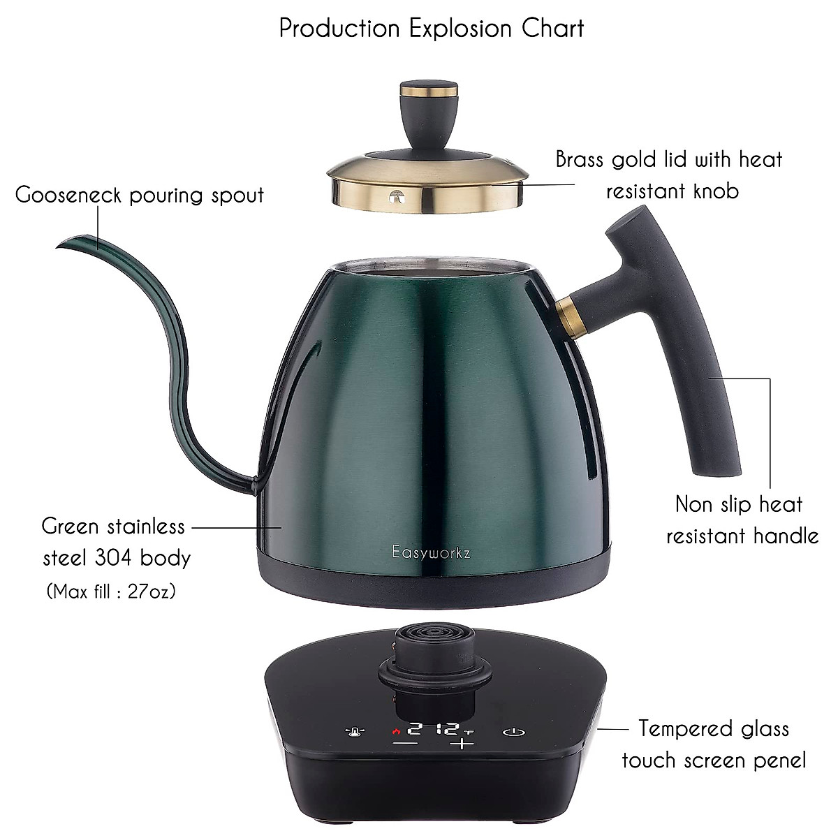 Easyworkz Pedro Stovetop Espresso Maker 6Cup 300ml, Bundled Electric Gooseneck Pour Over Coffee Kettle, Stainless Steel Hand Drip Tea Pot 27 Ounce Temperature Control 1200W Quick Heatin