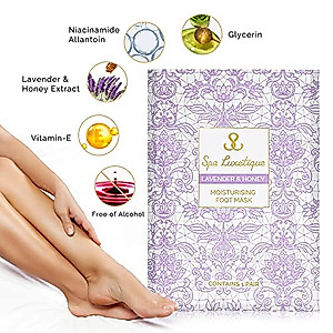 Foot Mask - 5 Pairs Lavender & Honey Foot Spa for Rough Dry Cracked Feet Reduce Dead Skin, Moisturizing Socks for Baby Foot, Relaxing Soft Feet Treatment for Women & Men, Foot Care Christmas Gifts