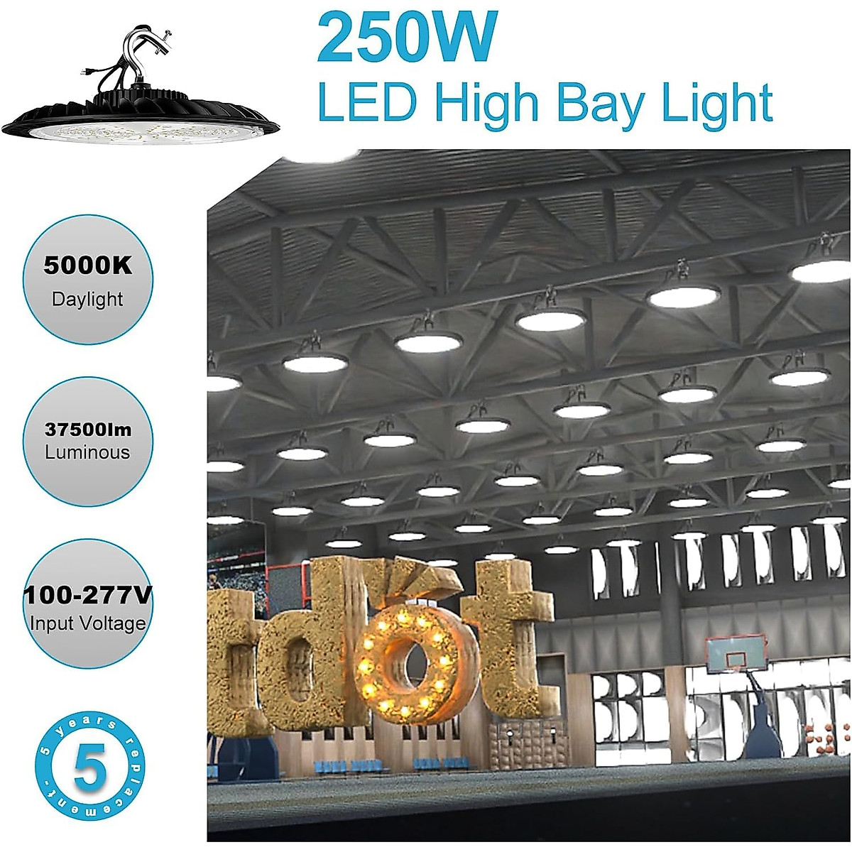 Lightdot 250W LED High Bay Light 37500lm Commercial Bay Lighting, AC100-277V UFO LED High Bay Shop Light, High Bay LED Light Suit for 30~40Ft Height -8Pack