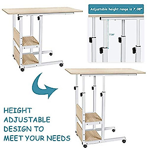 Retyion Movable Computer Desk with Wheels Height Adjustable C Shaped Laptop Table with Storage Shelves for Sofa Couch Home Office