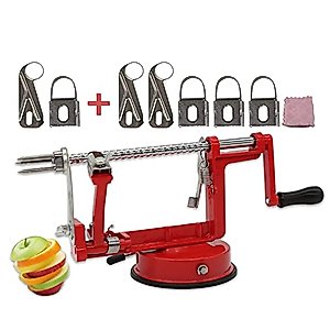 Apple Peeler, Slicer Corer Potato Peelers 3 In 1, Stainless Steel Heavy Duty Suction Cup Base And 5 Extra Blades Included As Well As Cleaning Tool (red)