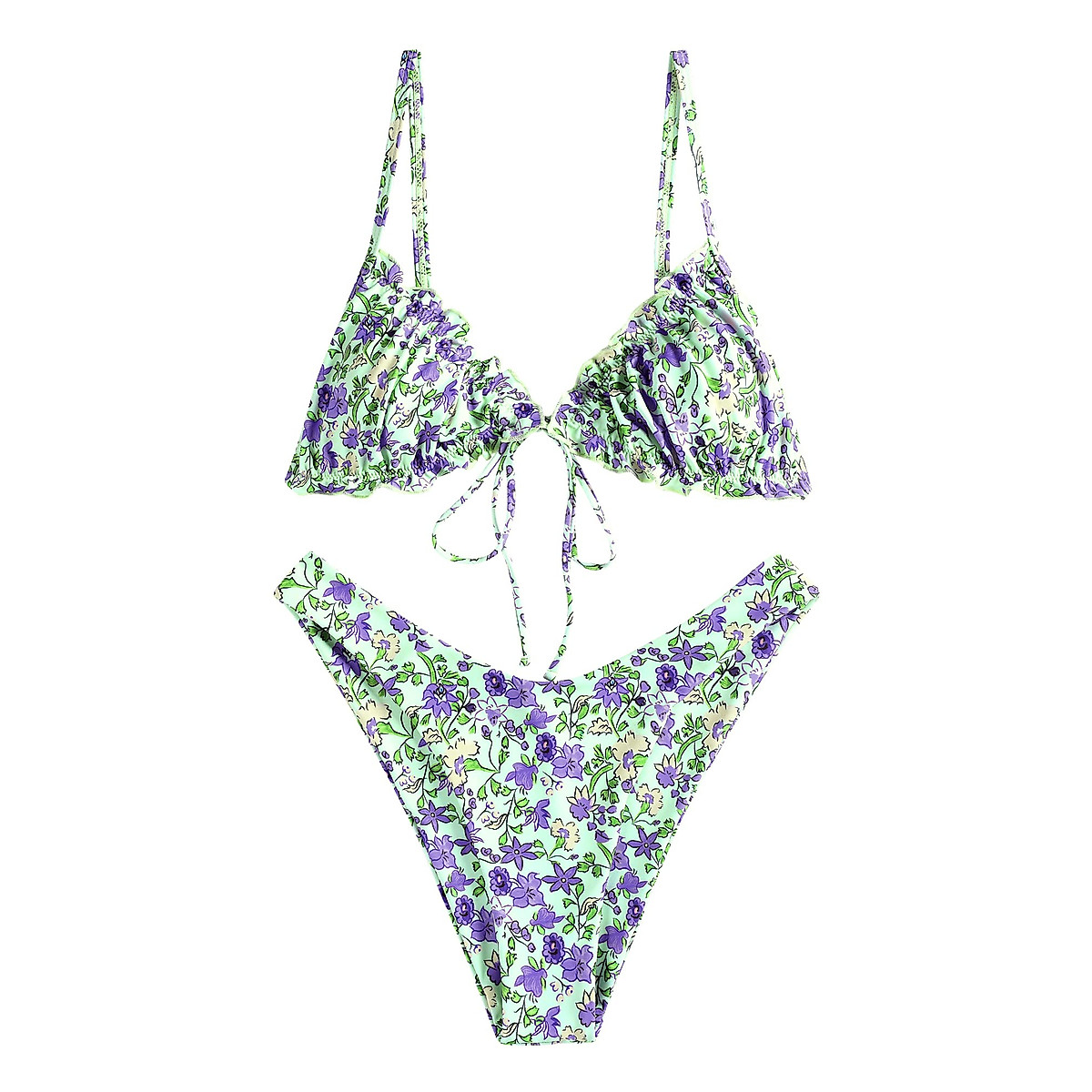ZAFUL Women's Ruffled Textured Bow Tie Bikini Ditsy Floral Printed Swimsuit Two Piece Bathing Suit (Green&Purple M)