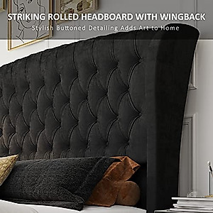 AMERLIFE King Size Platform Bed Frame, Velvet Upholstered Sleigh Bed with Scroll Wingback Headboard & Footboard/Button Tufted/No Box Spring Required/Black