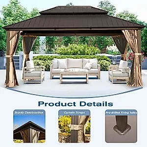 Domi 10' X 14' Hardtop Gazebo, Aluminum Metal Gazebo with Galvanized Steel Double Roof Canopy, Curtain and Netting, Permanent Gazebo Pavilion for Party, Wedding, Outdoor Dining, Brown