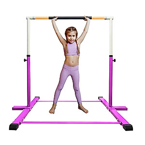 XDance Gymnastics Bar Kip Bar for Kids 3 in 1 Set with Adjustable Balance Tube, 6'x4' Tumble Mat, Expandable Height 3 to 5 FT Horizontal Bar Junior Gymnast Gymnastic Bar Asymmetric Bar Pink