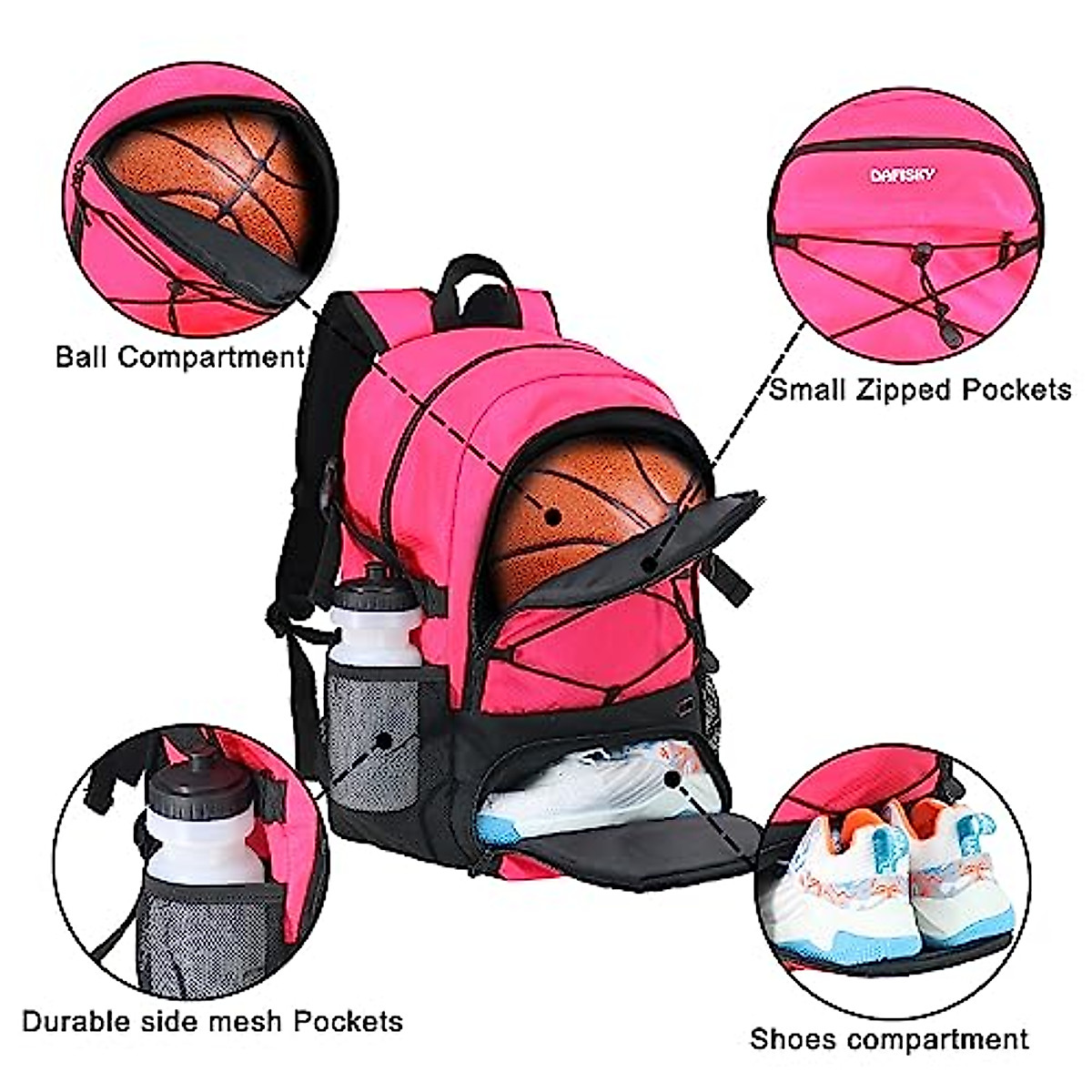 DAFISKY Basketball Backpack with Ball Compartment – Large Basketball Bag with Shoes compartment Sports Equipment Bag for Soccer Ball,Volleyball,Gym,Outdoor,Travel(pink)