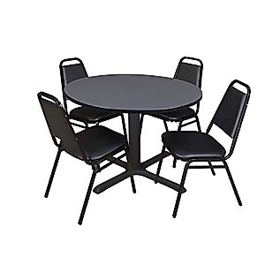 Cain 48" Round Breakroom Table- Grey & 4 Restaurant Stack Chairs- Black