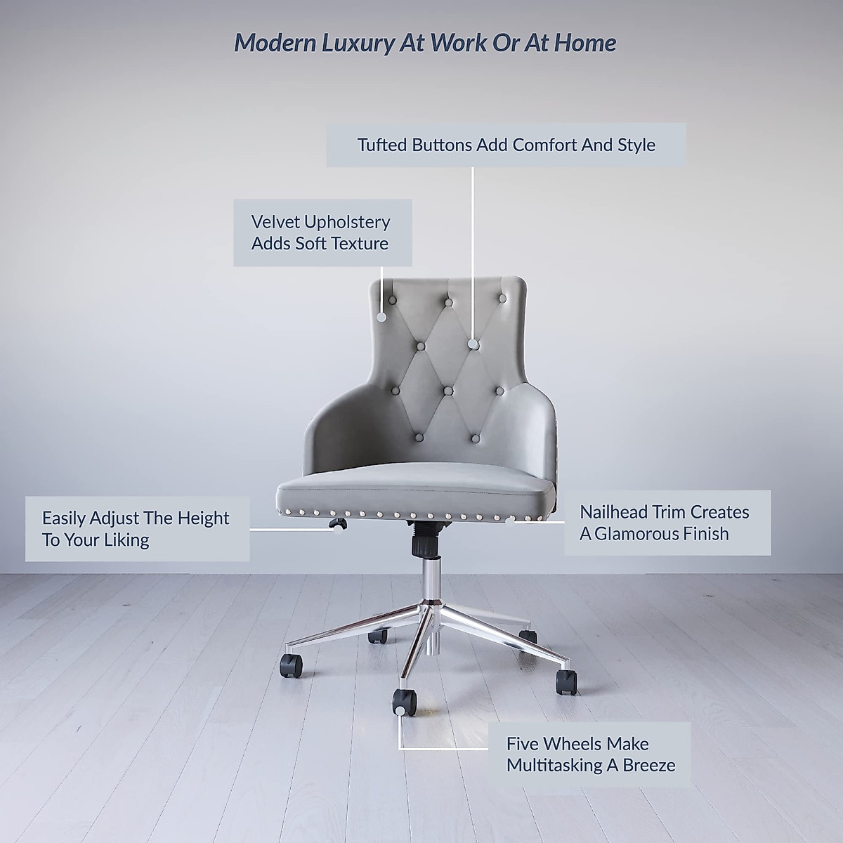 BELLEZE Modern Velvet Desk Chair for Home Office or Bedroom Vanity, Tufted Upholstered Seat with Slim Arms, Adjustable Height, Swivel, Wheels - Belden (Gray)