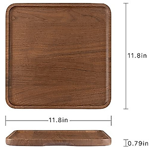 Insunen Walnut Serving Tray, Square Wood Coffee Table Tray for Food Eating, Wooden Ottoman Trays for Decor(11.8x11.8x0.7in)