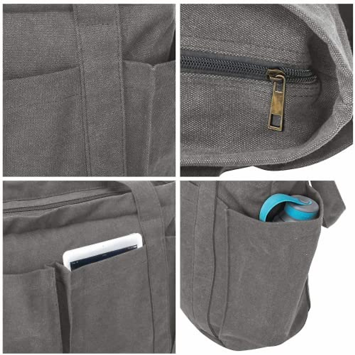 Large Canvas Tote Bags for Women, Black Travel Tote Bags with Zipper, Lightweight Utility Tote Bag with 4 Exterior Pockets, Perfect for Overnight Travel, Work, Shopping, Weekend Trips, Beach Days,Grey