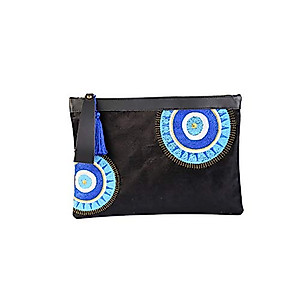 KarensLine Handmade Evil Eye Embroidered Black Velvet Clutch Bag Sunny Beach Summer Style, Medium