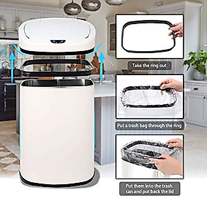 13 Gallon Trash Can Kitchen Garbage Can Waste Bin with Lid Automatic Garbage Bins Touchless Stainless Steel Sensor Trash Can for Home Office Bedroom Living Room, White