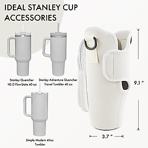 JEBEALUO Water Bottle Carrier Bag with Phone Pocket for Stanley Cup 40/30 oz, Water Bottle Holder with Adjustable Strap& Straw Cover, Stanley Cup Accessories (White)