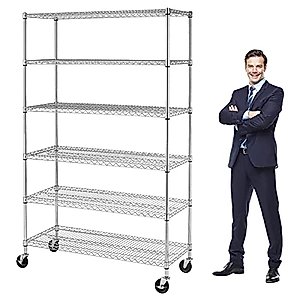 YRLLENSDAN 6000Lbs Capacity Adjustable Storage Shelves Heavy Duty Shelving Unit 6 Tier Metal Shelving with Wheels NSF Wire Shelving (48" W x 18" D x 72" H,Chrome)