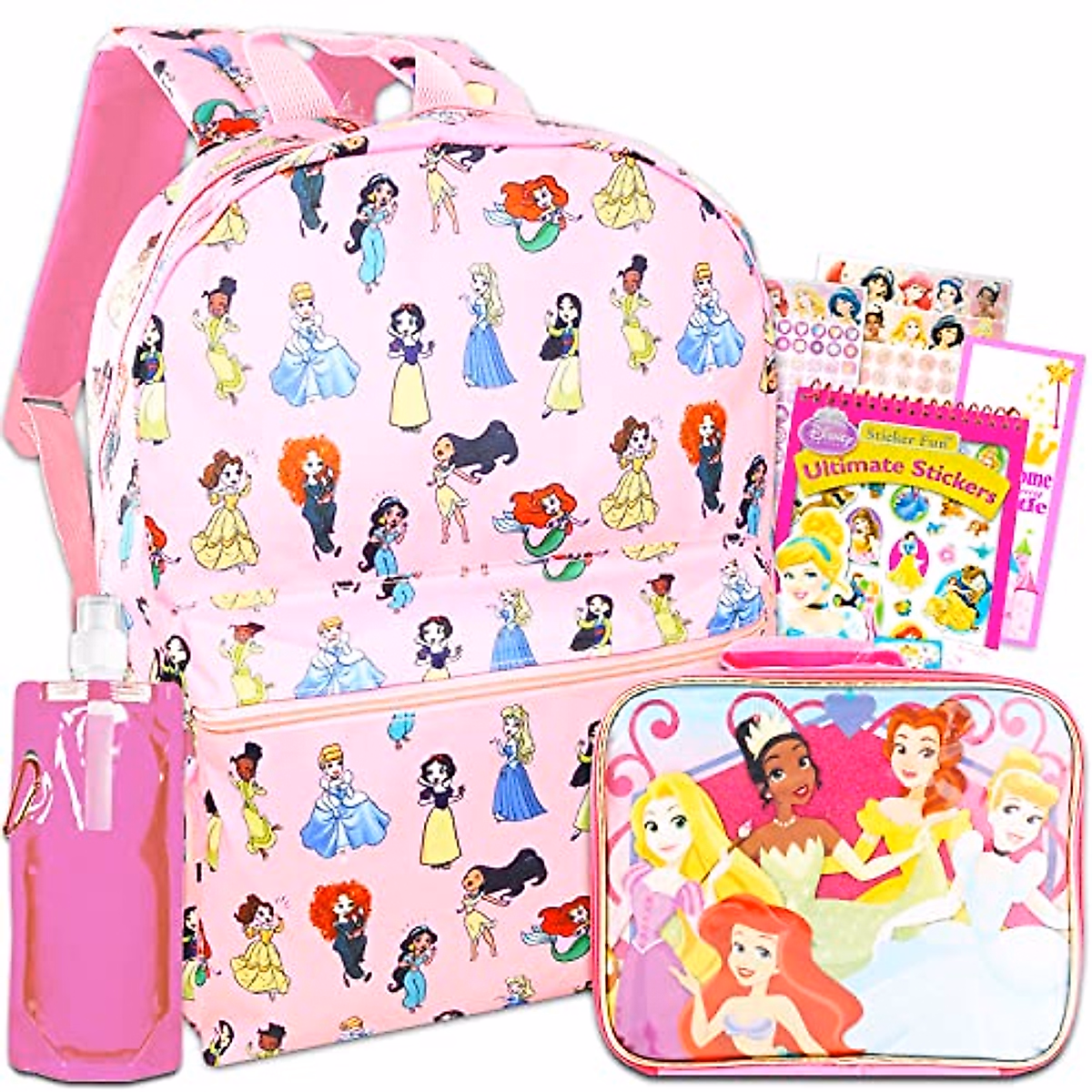 Disney Princess Backpack with Lunch Box for Girls Kids - 16" Princess Backpack, Disney Princess Lunch Box, Water Pouch, Stickers, More | Disney Princess Backpack and Lunch Box Set