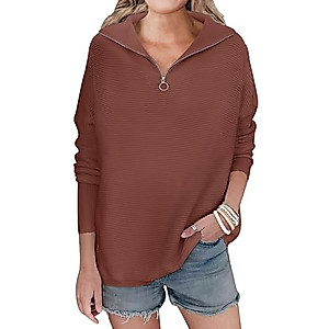 ANRABESS Oversized Sweater for Women Quarter Zip Pullover Casual Long Sleeve Half Zip Collared Lapel V Neck Baggy Slouchy Knitted Tunic Jumper Clothes 2023 Fall 802xiuhong-M Rust