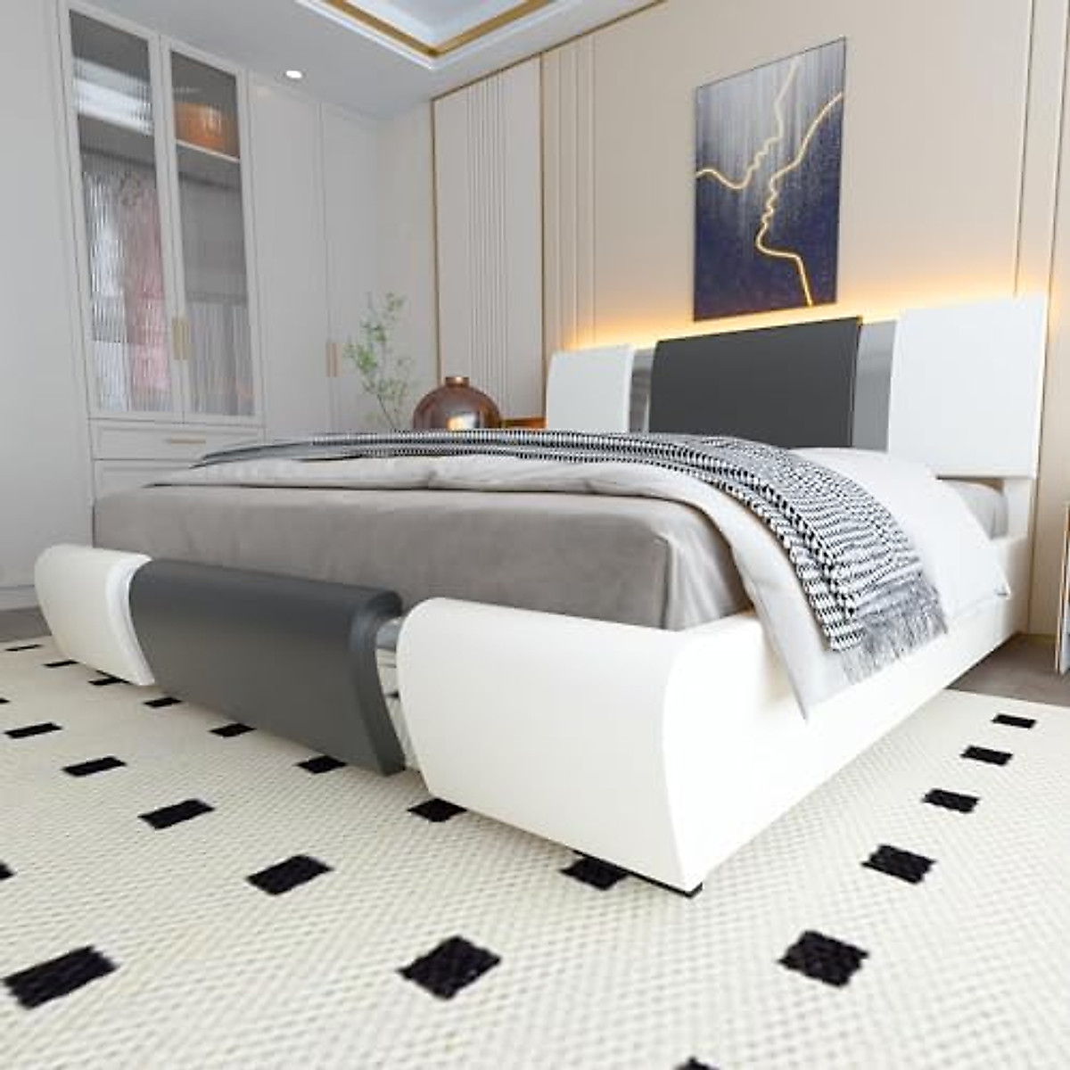 Kallabe Full Modern Faux Leather Upholstered Bed Frame with Adjustable Headboard, LED Lights，Low Profile Platform Bed with Iron Piece Decor，Wooden Slats Support, No Box Spring Needed, White & Black