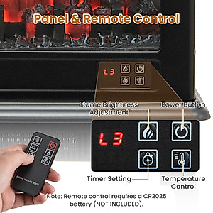 COSTWAY Electric Fireplace Stove with 3-Sided View, Remote Control, 1400W Portable Freestanding Heater with Thermostat, 3-Level Brightness, 0.5-6H Timer, Overheat Protection, CSA Certification, Black