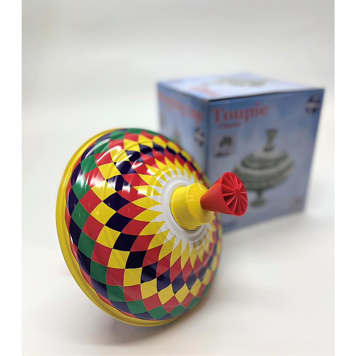 Classic Multicolour Spinning Tin Top Toy from KsmToys by Bolz. The Funny Buzzing Hum Gets Louder As The Top Spins Faster, 7.5" x 7.5" x 7.5" Ages 18 m+