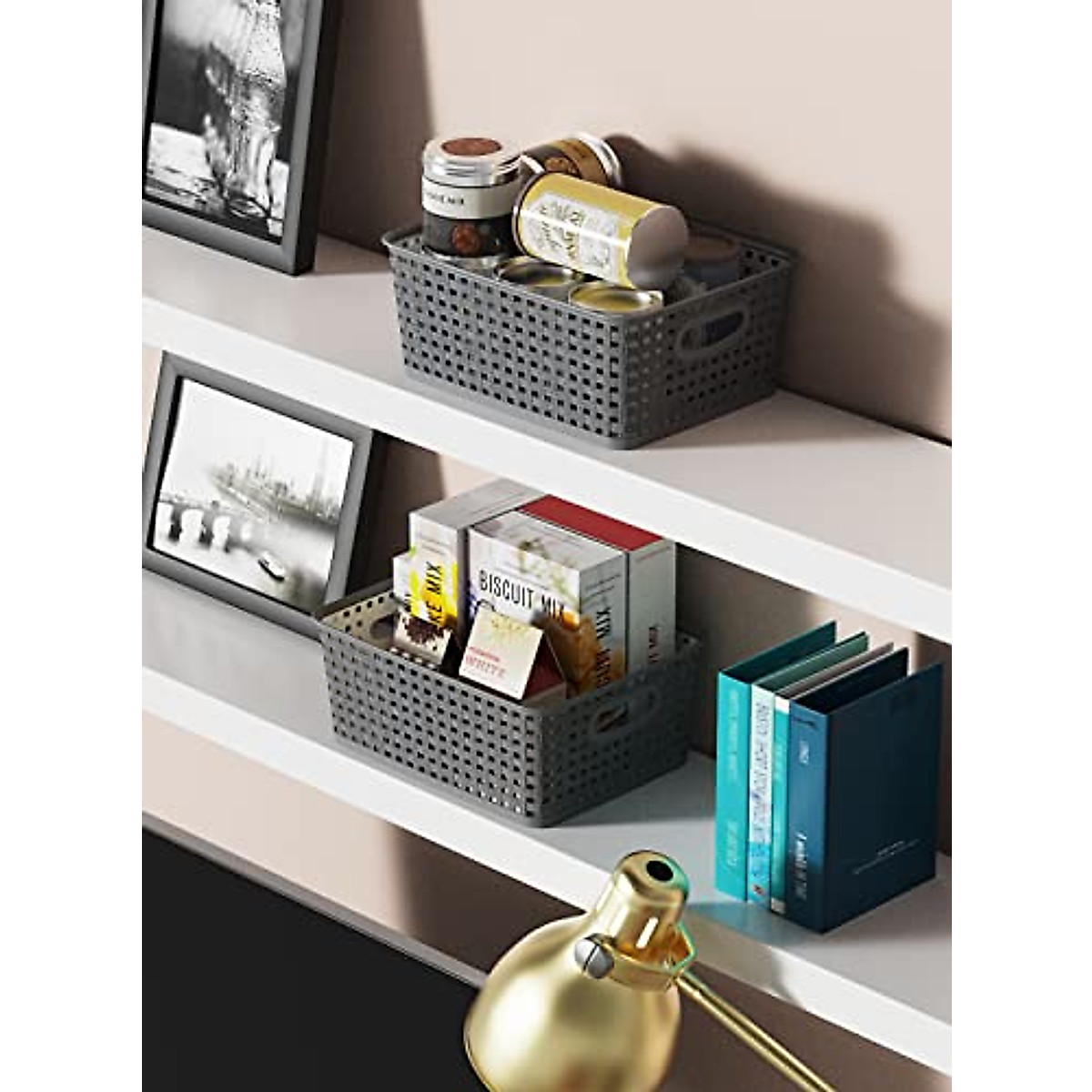 Weave Storage Organizer Baskets, Grey 6-Pack Plastic Woven Baskets, 10.1" x 7.55" x 4.1"